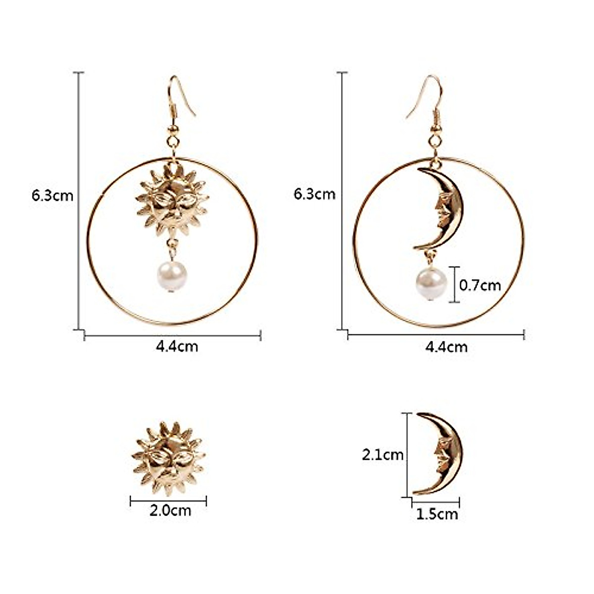 Sun Moon Asymmetric Imitation Pearl Earrings for Women Gold Annulus Pendant Earrings Drop Earrings (Gold)