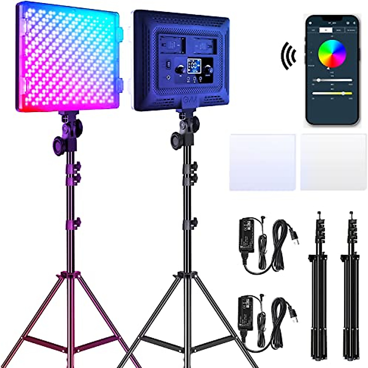 GVM RGB LED Video Lights Photography Lighting Kit, 50W Bi-Color 3200K-5600K Studio Lights, 2-Packs 672 Led Beads APP Control Film Lights Panels for Videography/Streaming/Gaming/YouTube CRI 97+