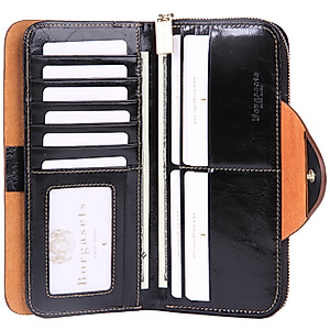 Borgasets RFID Blocking Large Capacity Wax Real Leather Clutch Wallet Card Holder Purse for Women, Black