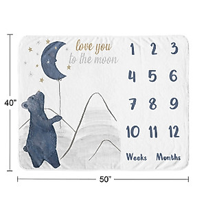 Sweet Jojo Designs Woodland Bear Boy Girl Milestone Blanket Monthly Newborn First Year Growth Mat Baby Shower Memory Keepsake Gift Picture - Navy Blue Grey Gold Black Celestial Moon Star Watercolor