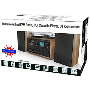 Boytone BT-58W Bluetooth Record Player Turntable with CD Player, Convert LP Vinyl, CD to MP3 Player, Cassette, AM/FM Radio, USB/SD Encoding, Remote Control, Audio Music Player Built in Amplifier