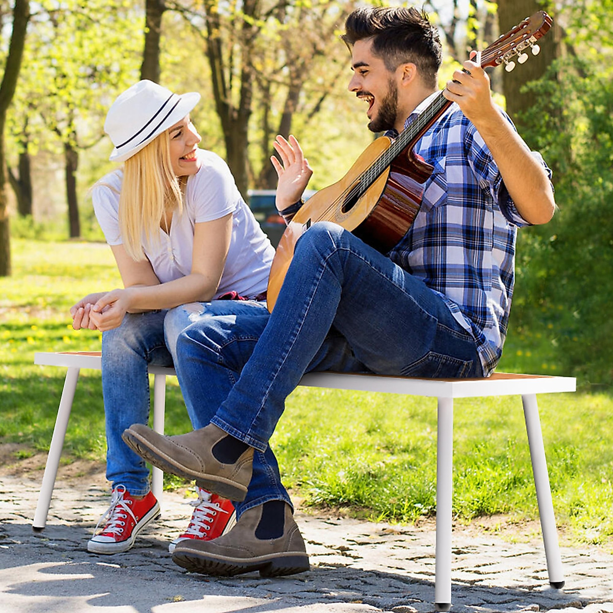YITAHOME Outdoor Faux Wood Bench, Weatherproof Patio Bench with Slatted for 3, Backless Seat and Metal Frame, Outside Dining Bench for Garden, Porch, 47.2 x 15.7 x 17.7 Inch - Teak & White