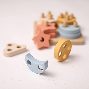 WOODEN TEETHER Silicone Stacking Sorting Toys for Baby and Toddlers Geometric Stacking Building Blocks Toys Montessori Early Educational Intelligence Block Puzzles for Infants