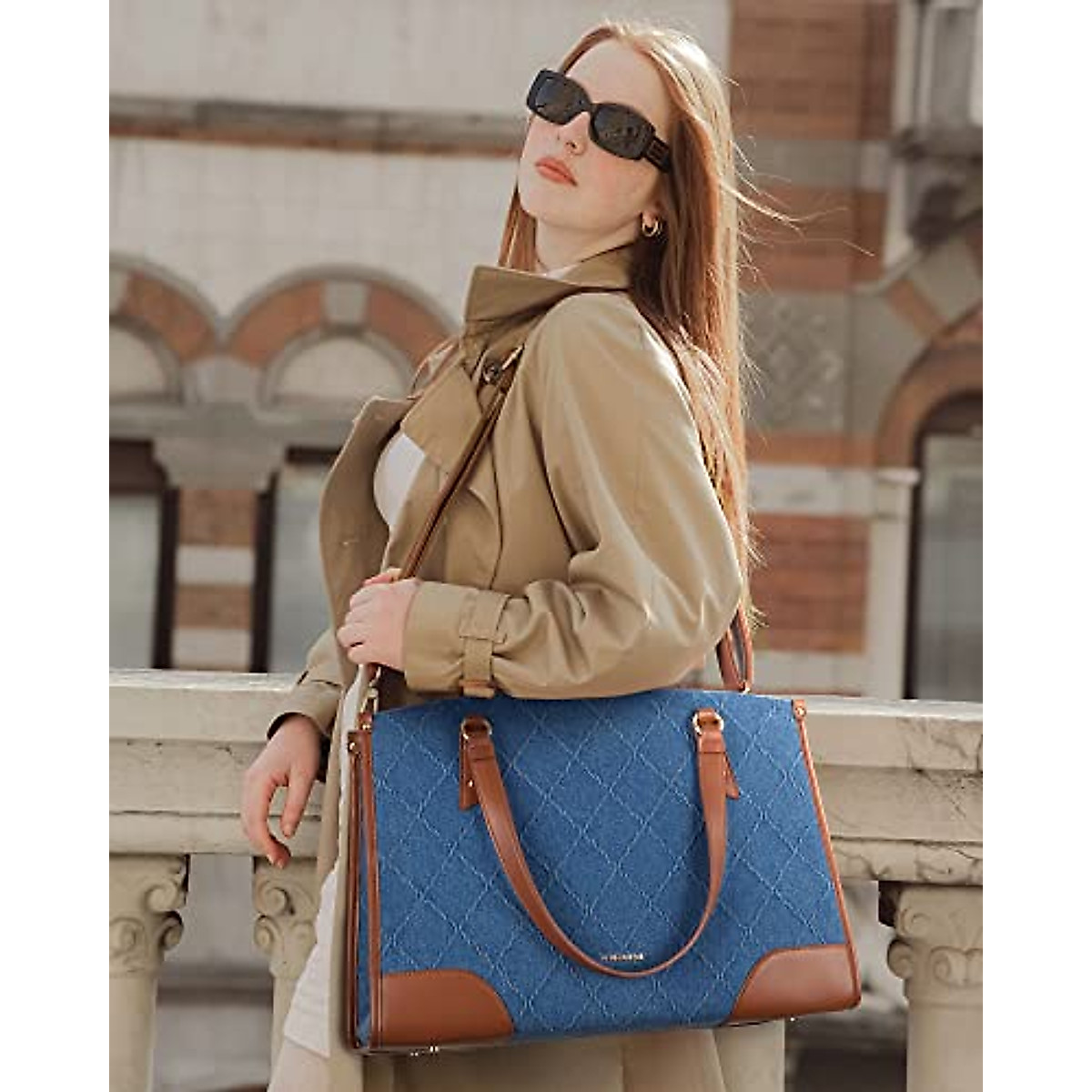 Missnine Tote Bag for Women Denim Teacher Bag Casual Work Bags 15.6 inch Shoulder Bag for Office Business