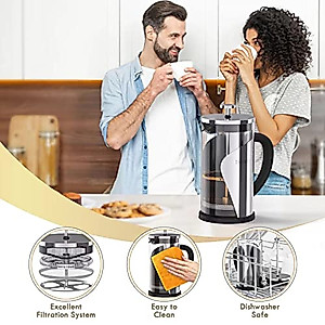 TBGENIUS French Press Coffee Maker 2-4 Cups, 21oz Coffee Press Perfect for Coffee Lover Gifts Morning Coffee, 4 Level Filtration, Stainless Steel Housing - Brews Milk Froth and Tea - 600ml