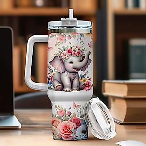 99OWL Elephant Gifts, Women Tumblers Yellow For Cute Flower Butterfly Coffee Handle Cups, Elephant Floral Just A Girl, Tumbler 40 Oz With Handle Lid And Straw