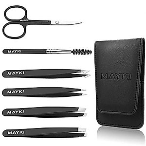 Eyebrow Tweezers Set 6 PCS, Professional Stainless Steel Eyebrow Tweezers Kit for Women/Men, Great Precision Tweezers Set for Eyebrow/Facial Hair Removal/Ingrown Hairs/Splinter/Tick Remover by MAYKI