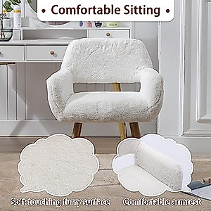 GOOLON Desk Chair No Wheels 1 PC, Modern Fluffy Office Chair, Furry Vanity Chair for Bedroom with Hollow-Out Backrest Comfy Armrest Soft Cushion Sturdy Wood Frame with Metal Legs for Home, White