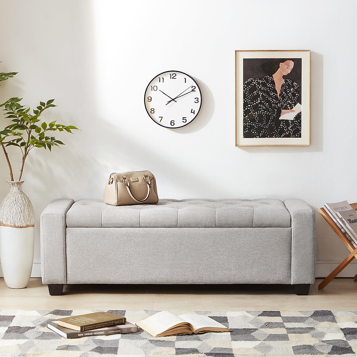 Huatean Home Ottoman with Storage, Storage Ottoman Bench with Safety Hinge, Upholstered Storage Bench with Seating for Bedroom, Living Room, Holds up to 330 lb(Light Gray)