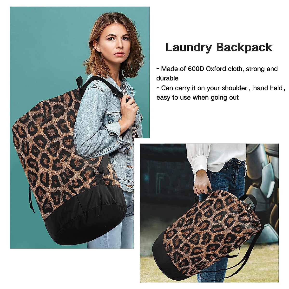 Leopard Laundry Bag Heavy Duty Laundry Backpack Large with Adjustable Shoulder Straps for Traveling Dirty Clothes Organizer for College Students Waterproof