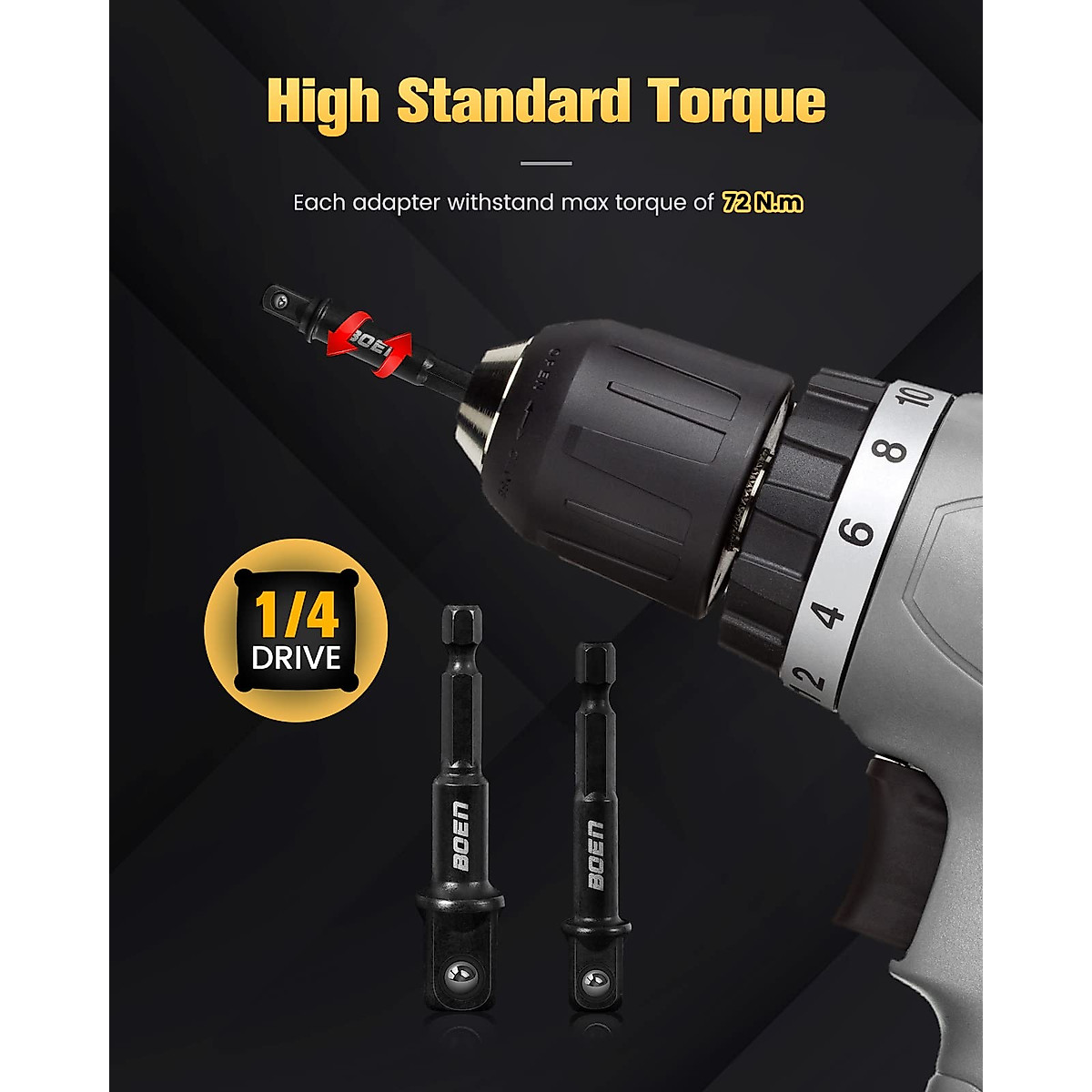 BOEN Impact Grade Socket Adapter Set, 3-PCS Drill Bit Adapter with Bit Holder, Sizes 1/4", 3/8", 1/2", 1/4-Inch SAE Hex Shank, Cr-V with Black Phosphate Finish