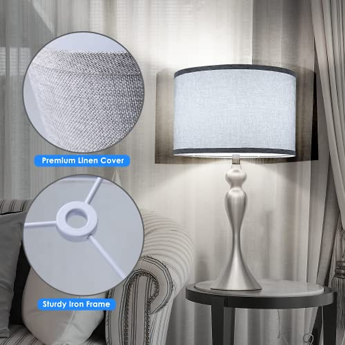 Drum Lampshades 12.6" Top x 12.6" Bottom x 8" High, Easy Assembly Replacement Lamp Shades for Table & Floor Lamps Natural Linen Beige Lampshades Spider Fitter, Set of 2