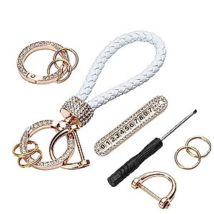 MUGVOLAX Anti-Lost car Keychains, Key fob Chains with Phone Number Plate, Leather Woven key chains, Accessories With Bling Rhinestones (White)