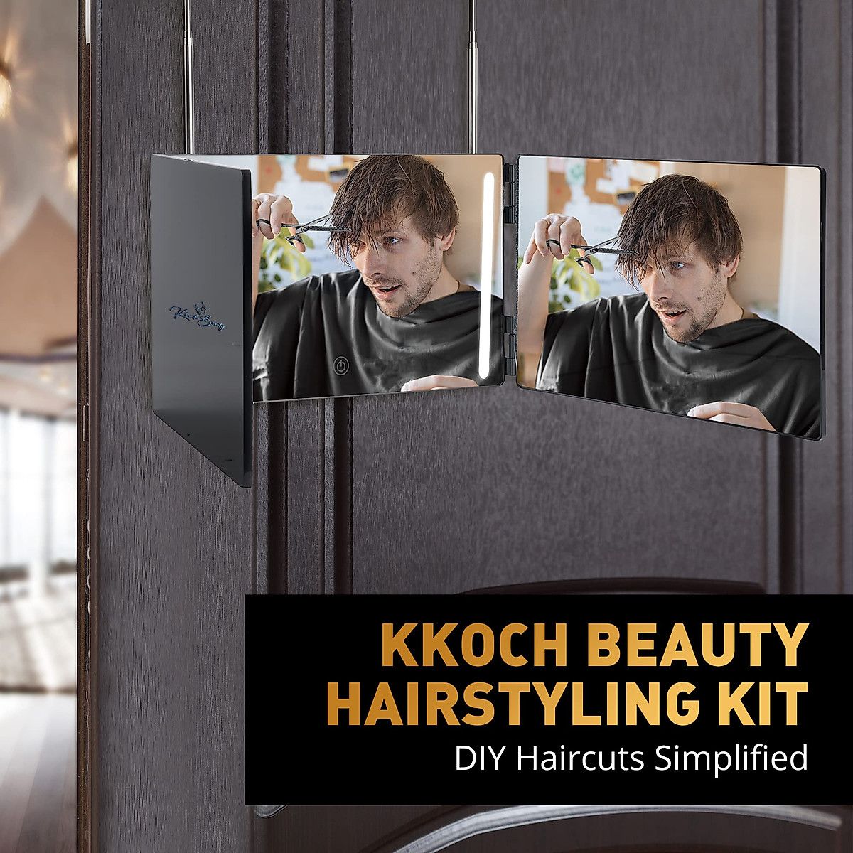KKOCH BEAUTY 3 Way Mirror with LED Lights, Haircutting Kit, 360 Mirror for Braiding and Makeup, Mirror to See Back of Head, Self Cut for Men Women Kids
