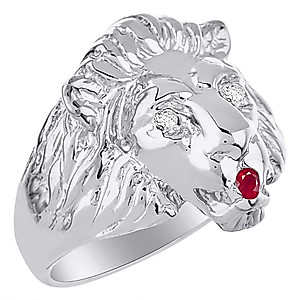 Rylos Conversation Starter Diamonds & Ruby in the Eyes & Mouth of this Fabulous Lion Head Ring Set in Sterling Silver Size 9