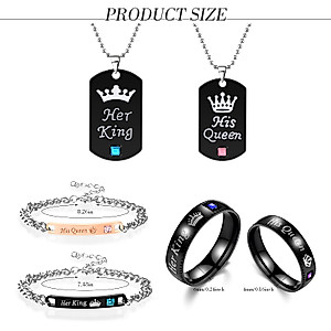 6 Pcs Couples Necklace Bracelet and Ring Set, Includes Necklaces for Him and Her Love Heart Pendant His Queen Her King (Heart Style, Metal)