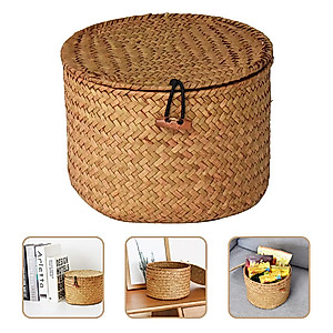 STOBAZA Wicker Storage Basket Round Storage Basket Desktop Sundries Organizer Lidded Basket Bin Gifts Basket Snacks Candy Container Toilet Paper Roll Box for Home Office Bedroom Centerpiece Tray
