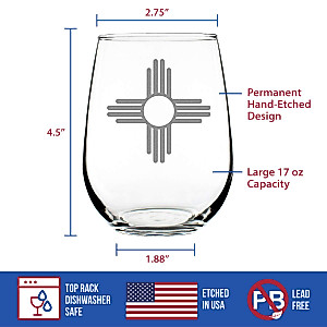 New Mexico Flag Stemless Wine Glass - State Themed Drinking Decor and Gifts for New Mexican Women & Men - Large 17 Oz Glasses