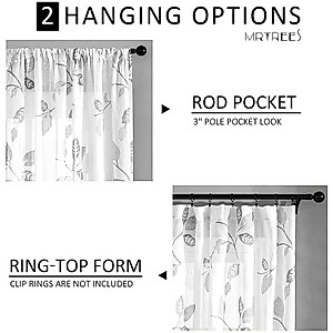 MRTREES Voile Sheer Curtain Panels, Sheer Curtains Drapes Rod Pocket, Flower Printed Embroidery Window Curtain Treatments for Bedroom Living Room Bathroom Window(2 Panels, 54x63 Inches, Grey)