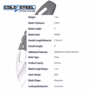 Cold Steel Mini Tuff Lite 2" 4034SS Sheepsfoot Razor-Sharp Blade 3" Griv-Ex Black Handle Everyday Carry Pocket Folding Knife