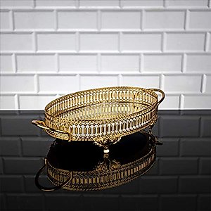 LaModaHome Golden Tea Coffee Serving Tray Set - VIP Special Serving Turkish, Arabic, Moroccan Coffee Tray Gold Color Oval Pearl Design Mirror Tray