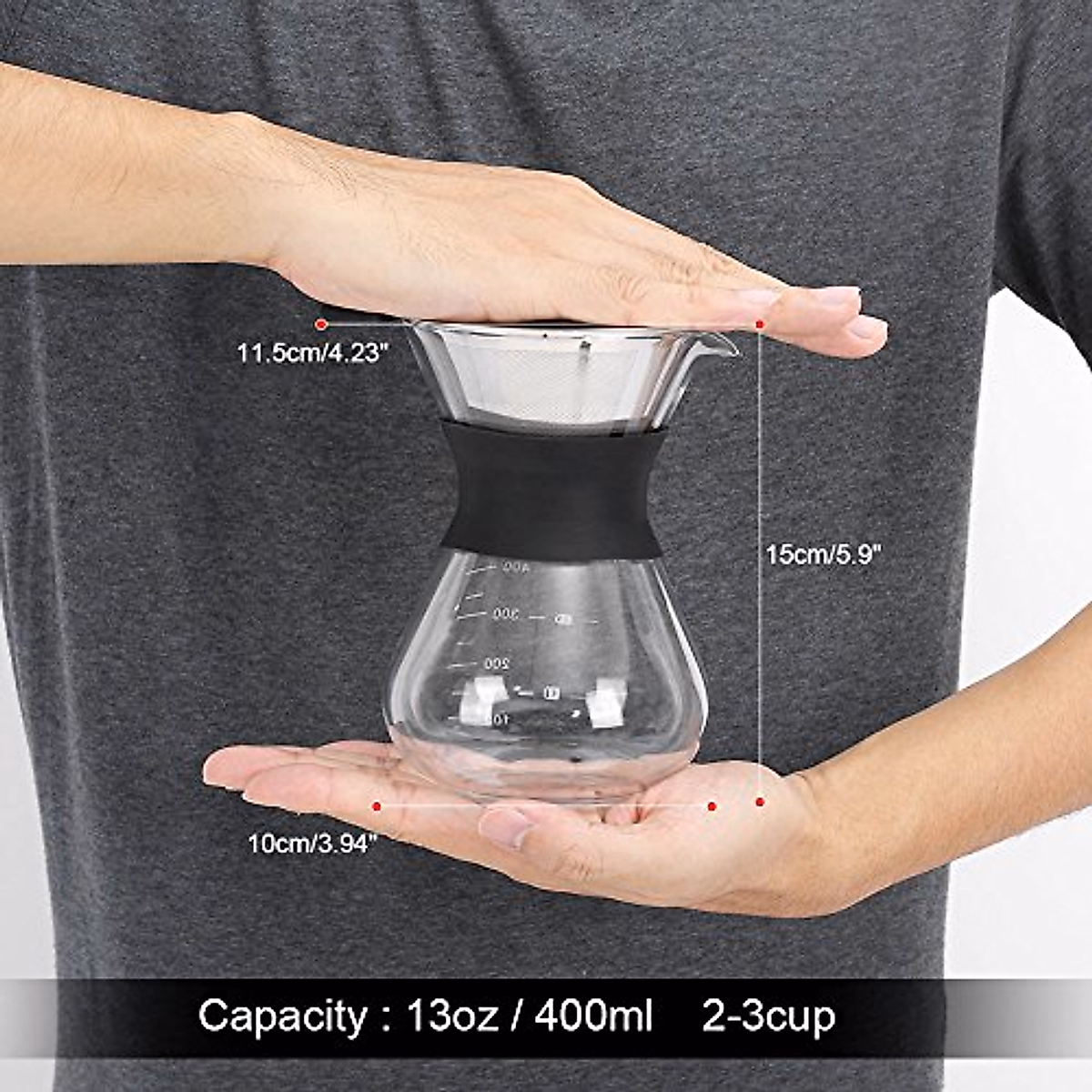 Yosoo Coffee Maker Pot, Manual Hand Drip Coffee Maker Glass Pot with Stainless Steel Filter, 400ml