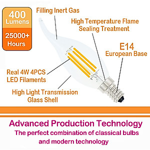 Lamsky E14 LED Bulb European Base 4W LED Chandelier Light Bulbs Dimmable 40W Equivalent,Flame Tip Candelabra LED Bulbs,110V 2700K Warm White,6 Pack