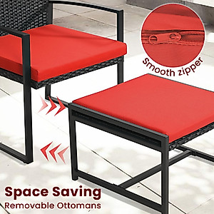 Murago 5 Pieces Wicker Patio Conversation Sets, Rattan Furniture Set with Coffee Table and 2 Ottomans, Ideal for Porch, Garden, Yard, Poolside, Black Rattan with Red Cushion