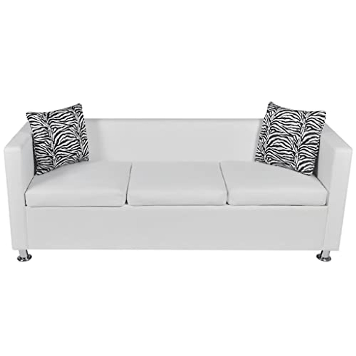 Sofa 3-Seater Artificial Leather White Living Room Home Office Furniture MDF Plywood Modern Chesterfield Upholstered Cushion Pillow, White