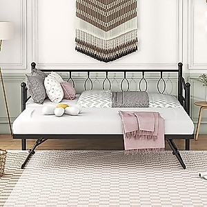 RORIGAT Twin Daybed with Trundle, Metal Day Bed with Adjustable Trundle, Twin to King Daybed with Portable Folding Trundle for Kids Teens Adults, Heavy Duty Steel Slat Support, Black