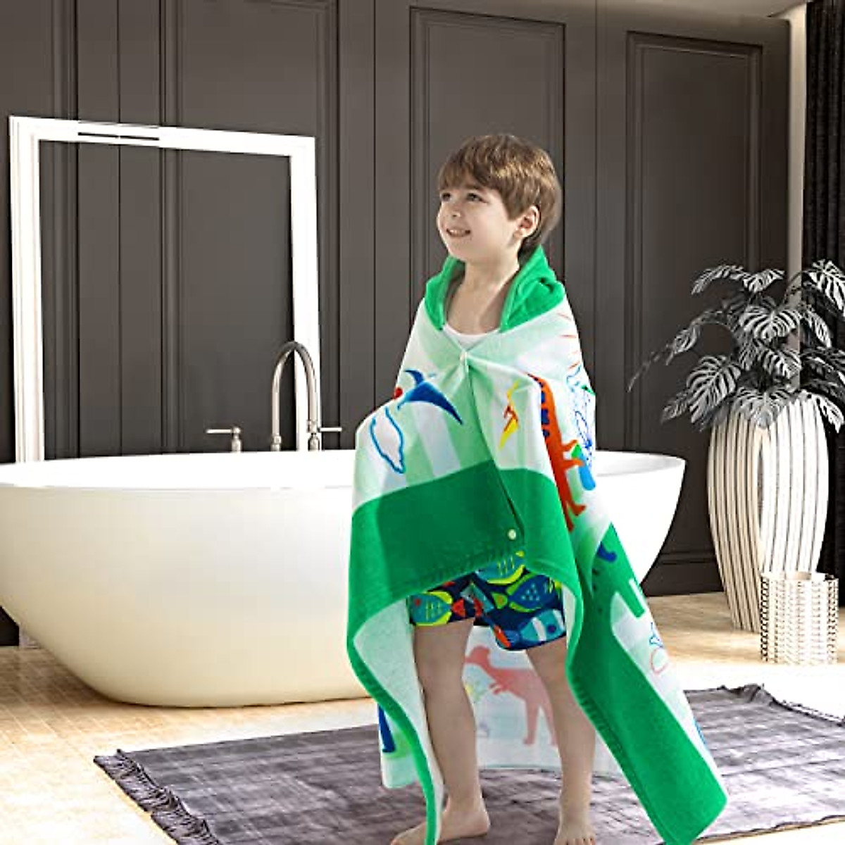 VOOVA & MOVAS Kids Towels with Hood | Soft Cotton (30X50 inches) Beach | Pool | Bath Towels | Summer Beach Essentials | Wrap Bathrobe for Boys Ages 3-10, for Toddler, Dinosaur | Dino