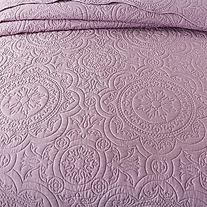 HoneiLife Bedspread Quilt Set Queen - 3 Piece Embroidered Microfiber Bedspread Reversible Coverlet Lightweight Bedcover Mandala Pattern Bedding Set All Season Quilts-Sweet Lavender, Queen Size