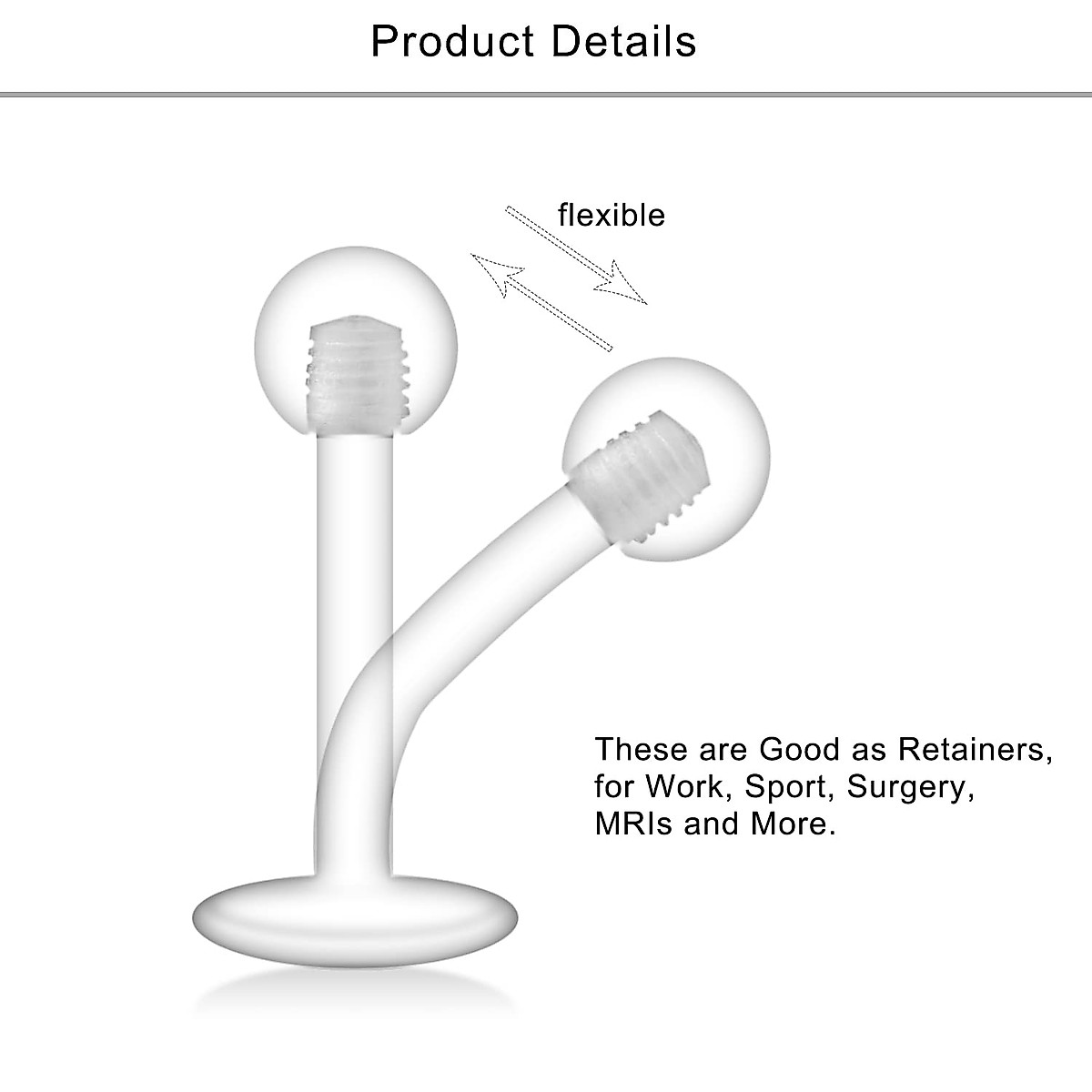 Lcolyoli 63PCS 16G Mix Length Clear Push Top Piercing Retainers Flat & Ball Top Bioflex Lip Rings Labret Medusa Retainer for Women Men 6-10mm Bar Length