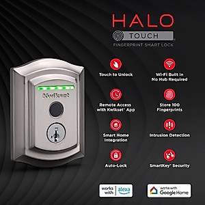 Kwikset Halo Touch Traditional Arched Wi-Fi Fingerprint Smart Lock No Hub Required featuring SmartKey Security in Satin Nickel (99590-001)