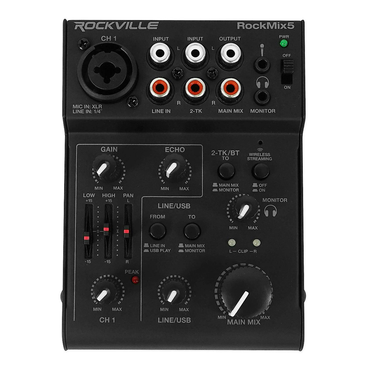 Rockville RockMix 5 Channel Pro Mixer w/USB Interface, Bluetooth, Echo, EQ
