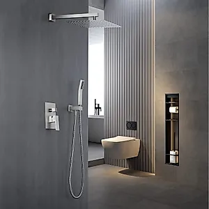 Kruzoo Shower System Rain 12 inches Brass Shower Faucet Set with Handheld Spray Mixer Set High Pressure Square Rainfall Shower Rough-in Valve (cUPC Certified Shower Valve Included) Brushed Nickel