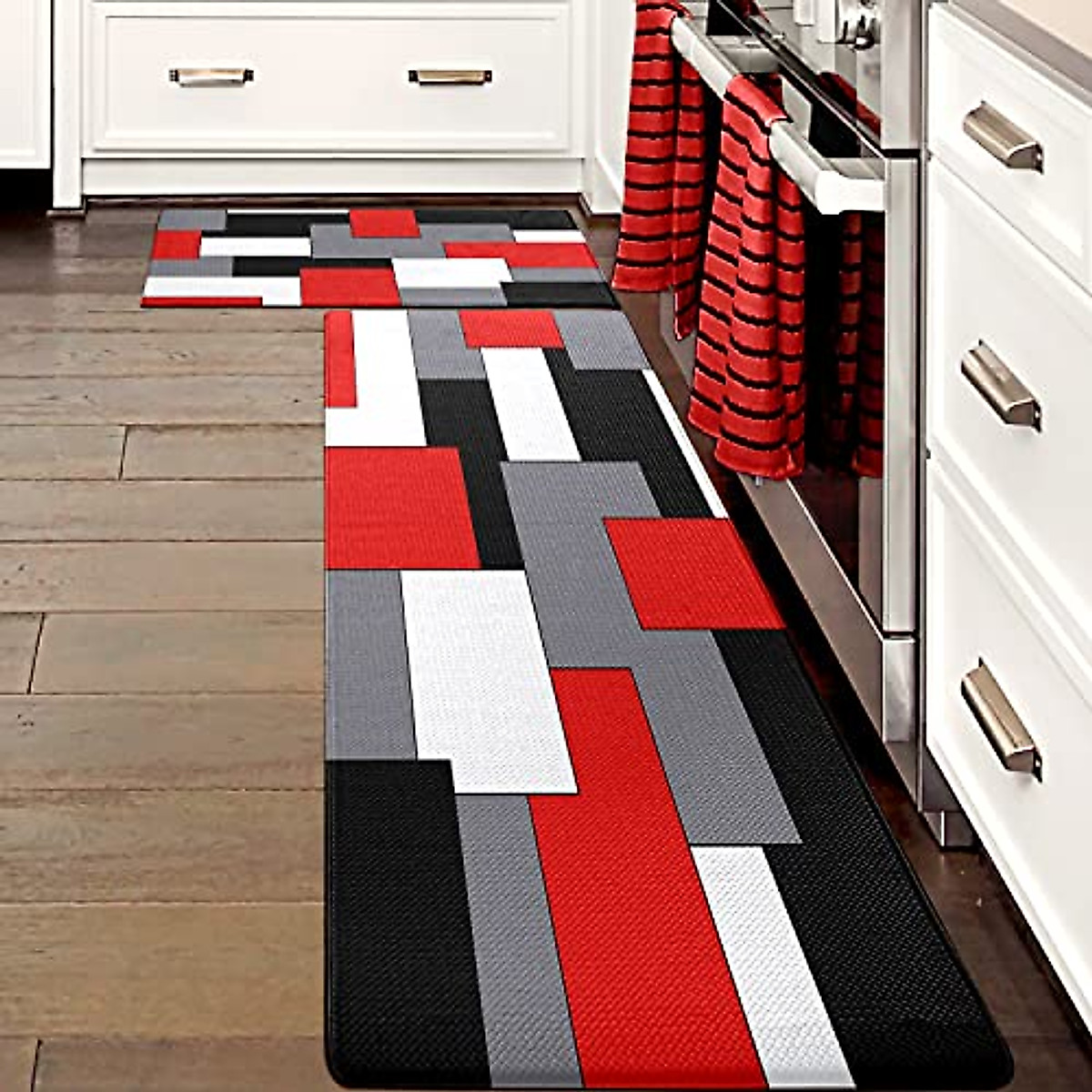FNLNDO Red Black Grey White Kitchen Rugs and Mats Set of 2 Cushioned Anti Fatigue Kitchen Rugs Set Geometric Non-Skid Washable Kitchen Mats for Kitchen Sink Laundry