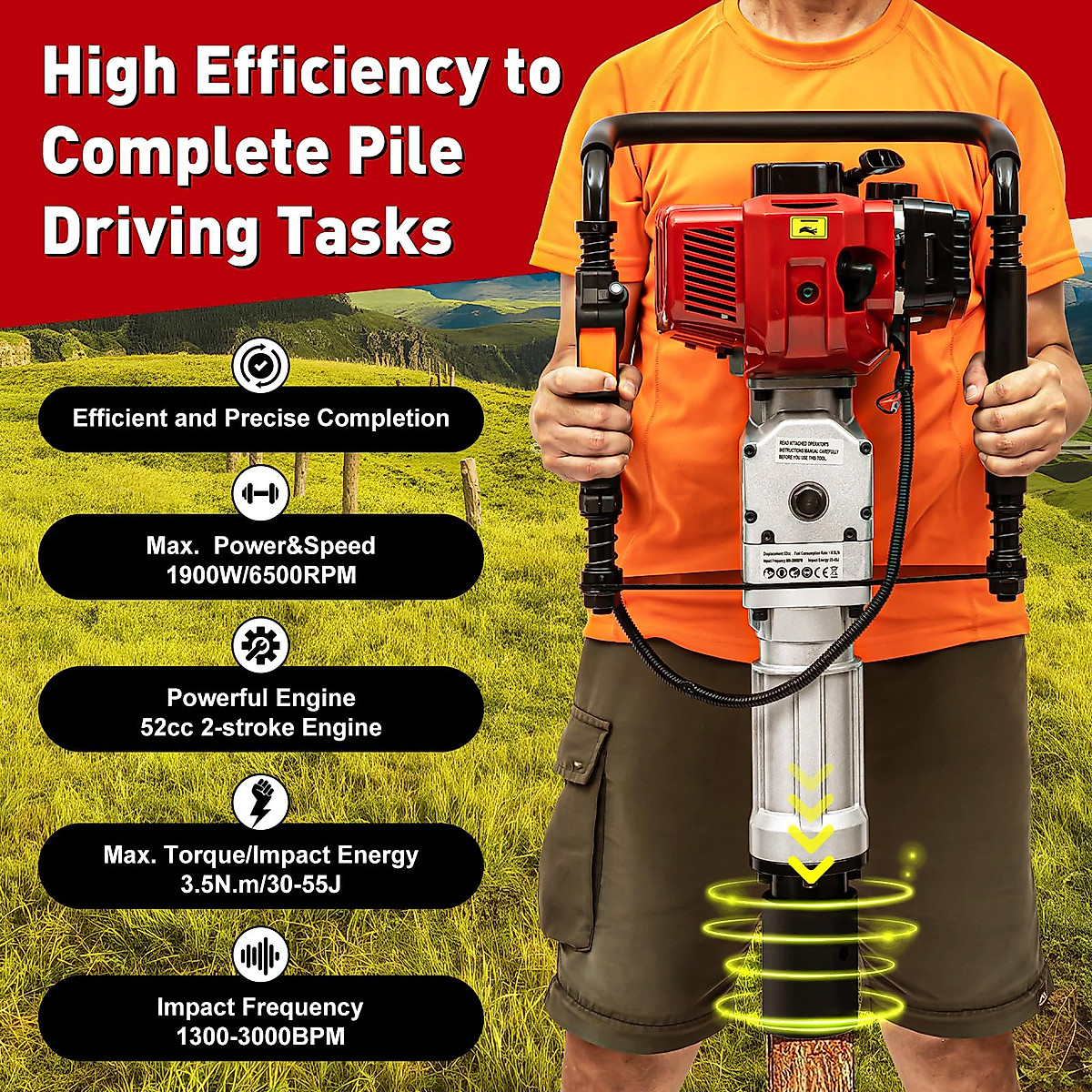 Pile Driver Hammer, 2 Stroke 52CC Gas Powered T Post Driver Hammer Drills Engine Air Cooling Single Cylinder Gasoline Petrol Garden Fencing Tool Machine with 2 Post Driving Head