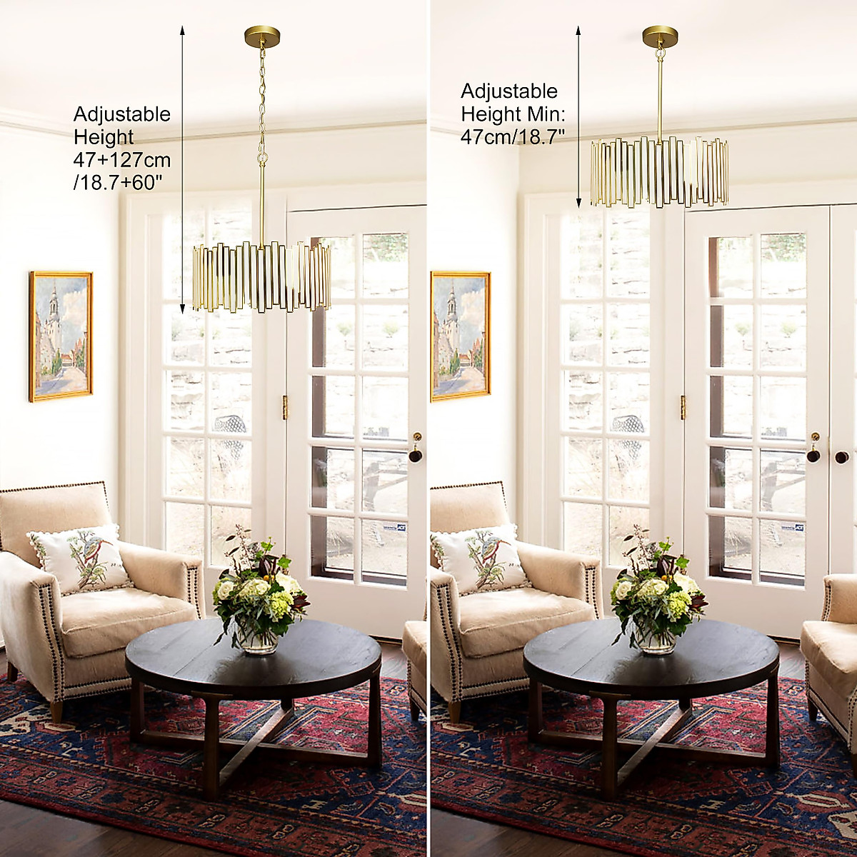 Wrlmfy Gold Drum Chandelier 4-Light, Modern Drum Pendant Lighting Fixture with Tiffany Glass Shade, 16” Round Ceiling Hanging Light for Bedroom Dining Room Kitchen Entryway Living Room (gold)