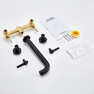 Wowkk Wall Mount Tub Filler Black Tub Faucet Brass Bathroom Bathtub Faucets with 2 Handles