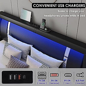 Keyluv Queen Bed Frame with RGB LED Lights Headboard & 2 Storage Drawers, Modern Upholstered Faux Leather Platform Bed with Iron Metal Decor, USB & USB-C Charging Ports, No Box Spring Needed, Black