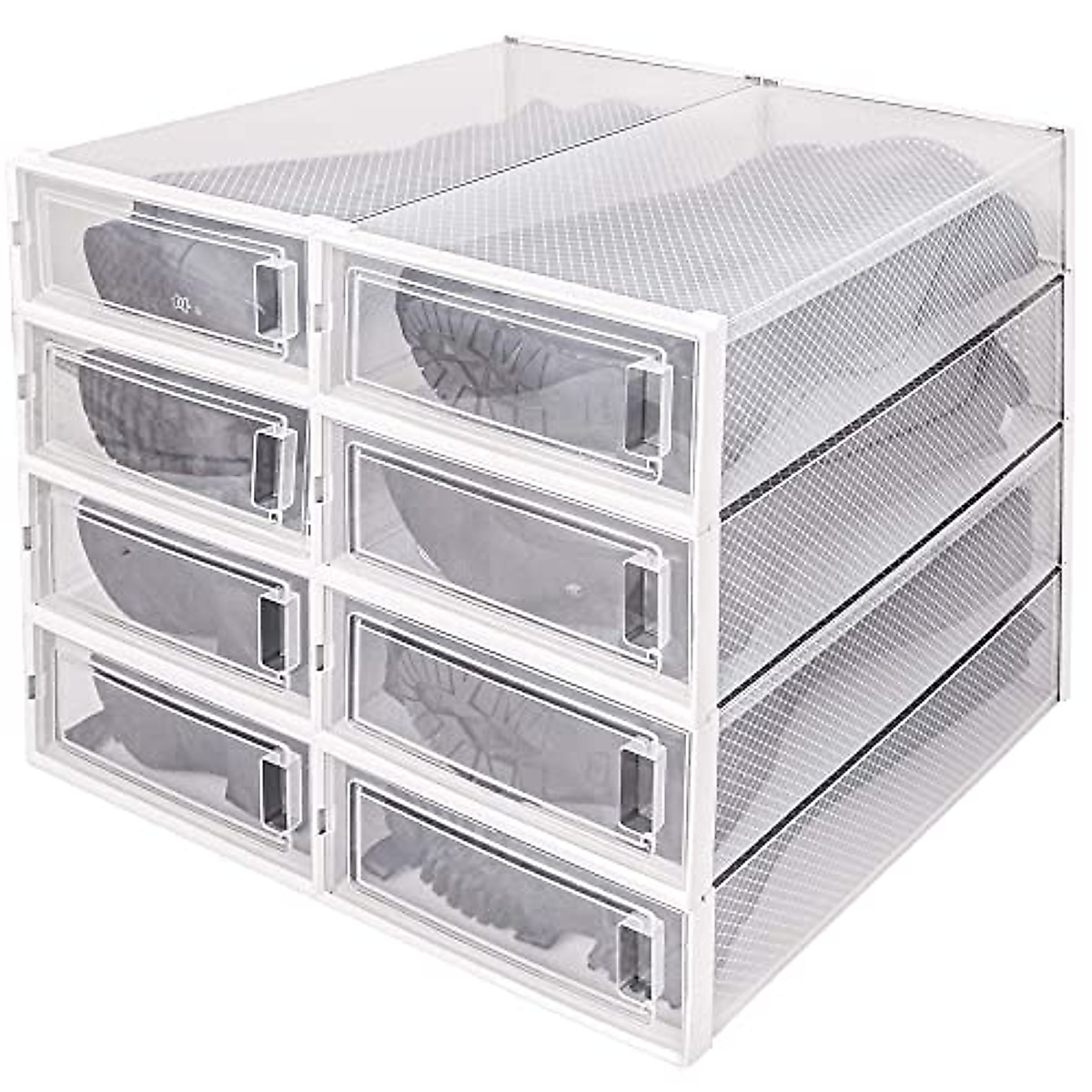 DHMAKER Boot Storage Box, 8 Pack Stackable Boot Boxes for Tall Boots, Boot Boxes Clear Plastic Stackable with Lid Drop Front Boot Organizer, White