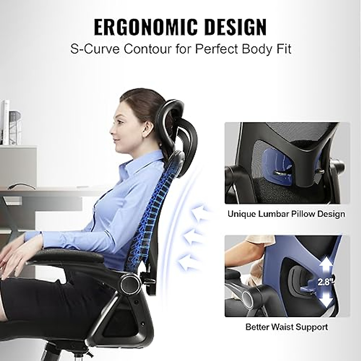 VEVOR Office Chair, High Back Ergonomic Desk Chair with Adjustable Lumbar Support & Headrest, 2D Armrest, Polypropylene Chair for Home Office, Black, 286 lbs Capacity