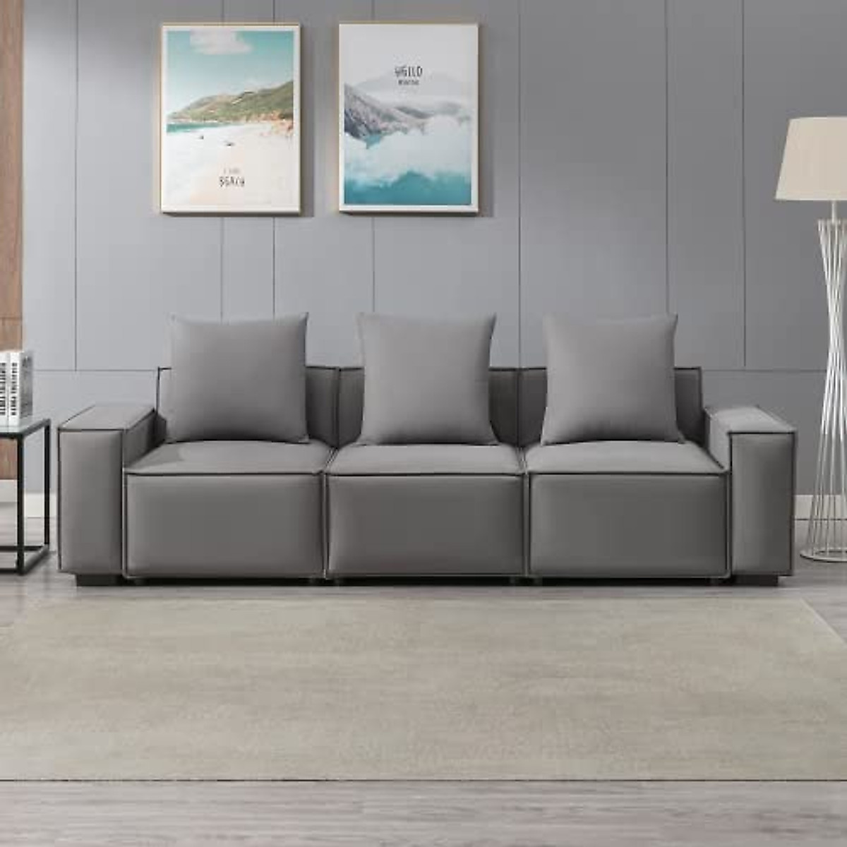 Mixoy Luxury 105" Upholstered Modular Sectional Sofa, 3-Seater Modern Leathaire Minimalist Sofa Couch with 3 Pillows & Super Size Deep Seat, (Light Grey)