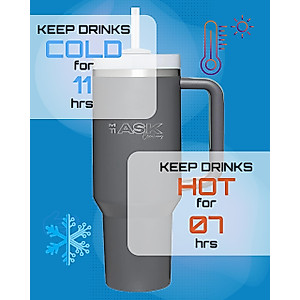 Ask HydroQuench 2.0 40oz /1183 ml Tumbler - Insulated Stainless Steel Travel Mug with reusable Straw, and Silicone Boot. (Charcoal)