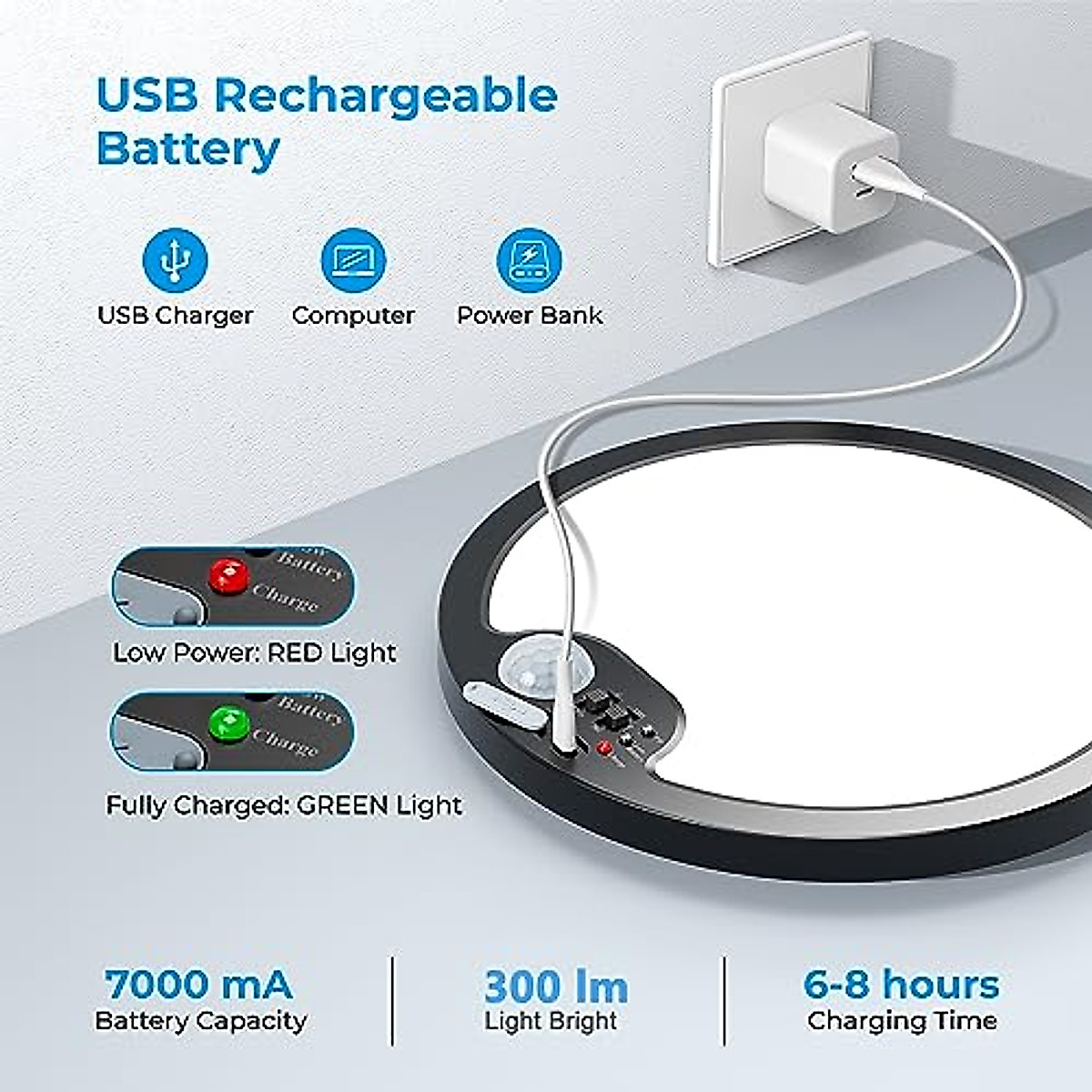 BLNAN Rechargeable Motion Sensor Ceiling Light, Battery Operated Wireless Motion Activated Flush Mount LED Light, 7 Inch 7000mAh 3000K 4000K 6000K, Timers for Closet Pantry Stair Hallway