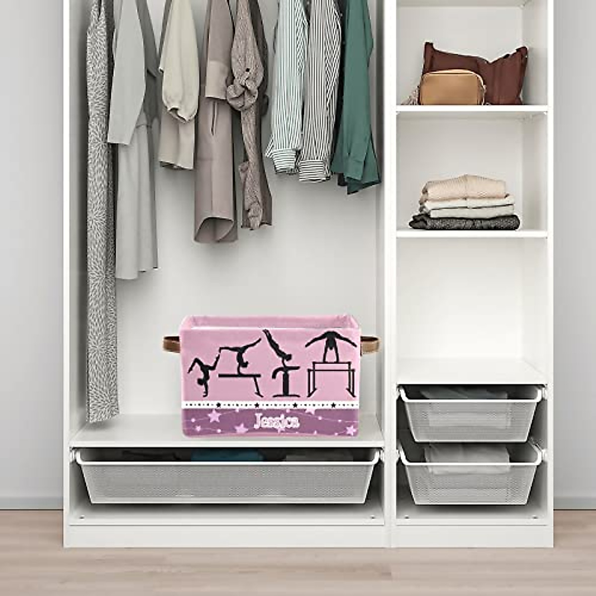 Gymnast Move Stars Red Pink Foldable Custom Personalized Name Storage Bins Basket Cubic Clothes Supplies Organizer,Durable Handle