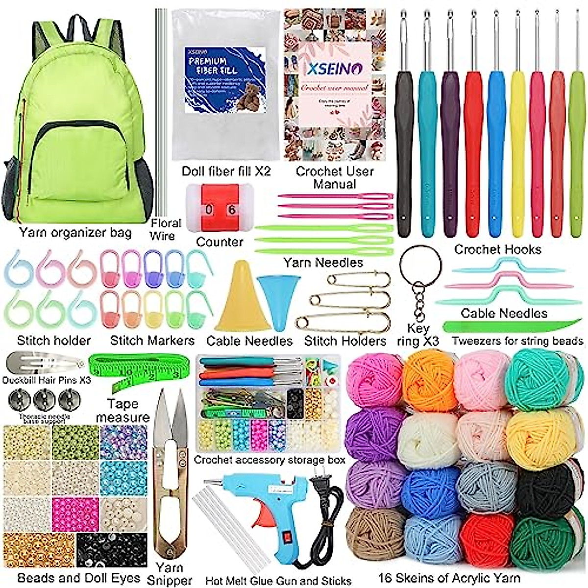 XSEINO Crochet Kit with Step-by-Step Video Tutorials,Includes Premium 16 Roll-800Yard Crochet Yarn, 9 Crochet Hooks, Crochet Bag and All Accessories Kit - Crochet Kit for Beginners
