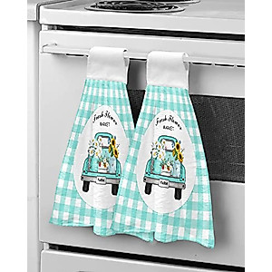 ZFUNCING Hand Tie Towel Set of 2,Teal Farm Truck Daisy Floral Gingham Check Hanging Kitchen Towels with Loop, Absorbent Tea Bar Dish Towel Fast Drying Towels for Bathroom,Pastoral Sunflower