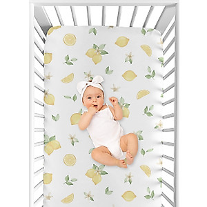 Sweet Jojo Designs Lemon Floral Girl Fitted Crib Sheet Baby or Toddler Bed Nursery - Yellow Green Beige White Watercolor Boho Bohemian Farmhouse Fruit Flower Blossom Botanical Leaf